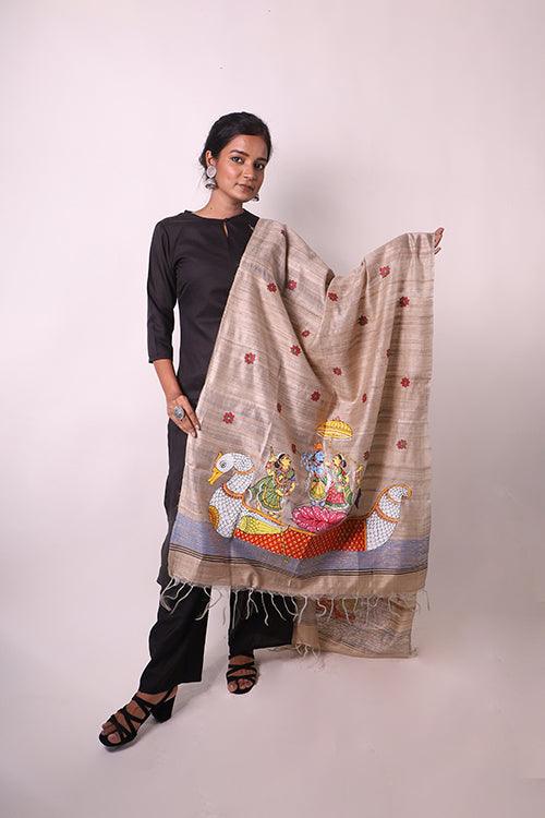 Pattachitra Hand-painted Munga Silk Dupatta – Diorama Designs