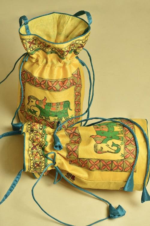 "Lok Kala" Silk Handpainted Madhubani Potli – Diorama Designs